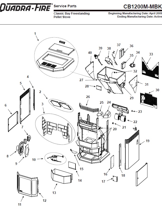 Quadrafire CB1200M-MBK Pellet Parts Diagram | Mountain View Hearth Products